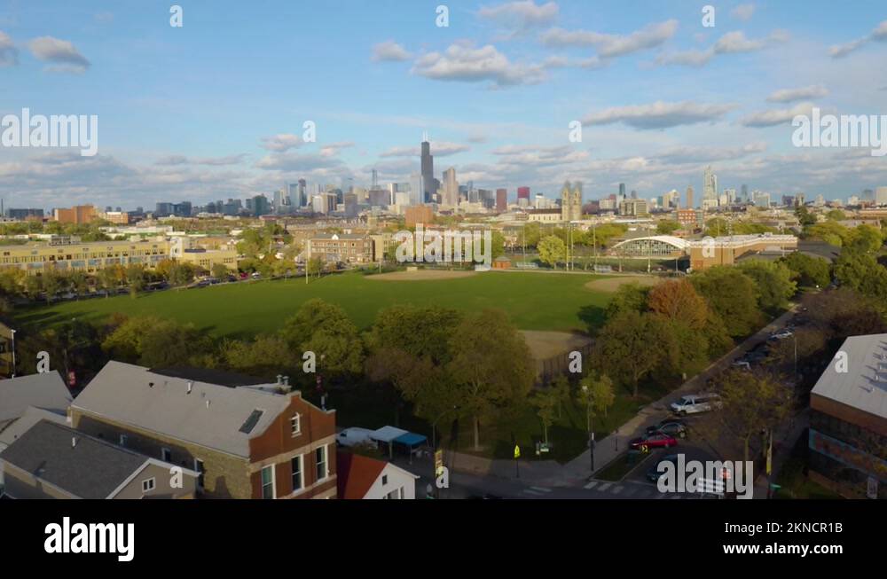 Low Aerial Establishing Shot of Harrison Park in Pilsen, Chicago ...