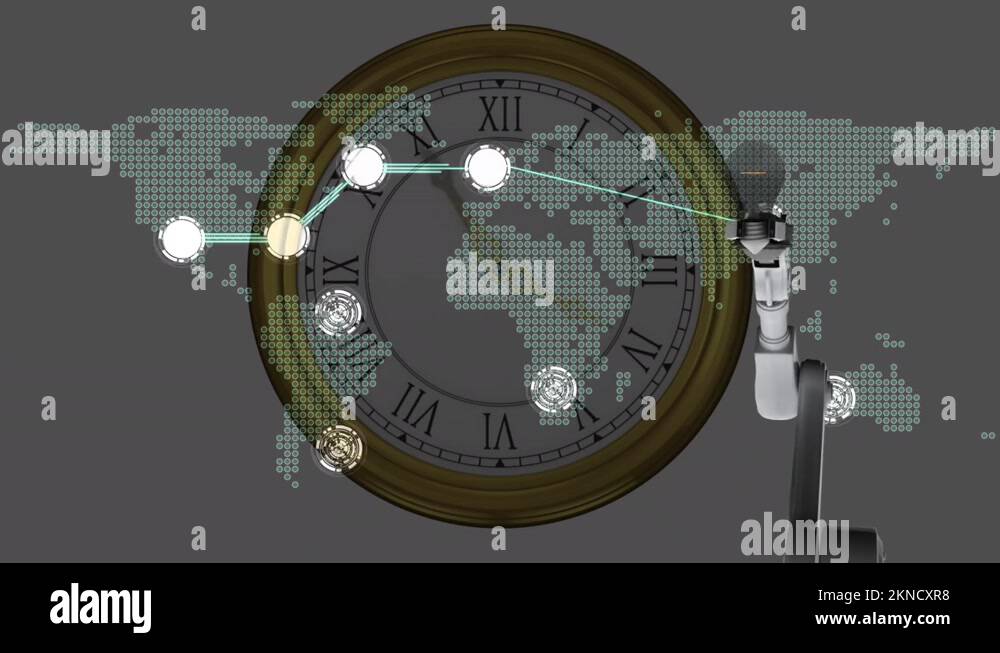 Animation of communication network and robot arm over clock and world ...