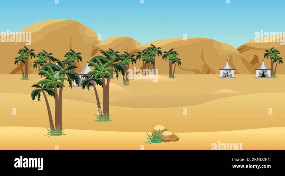 Oasis in Desert, bedouin camp. Cartoon background, parallax animation ...