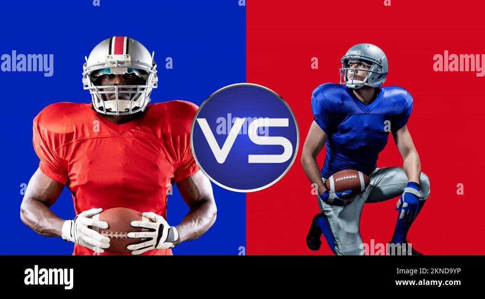 Animation of vs text over american football players from two teams on ...