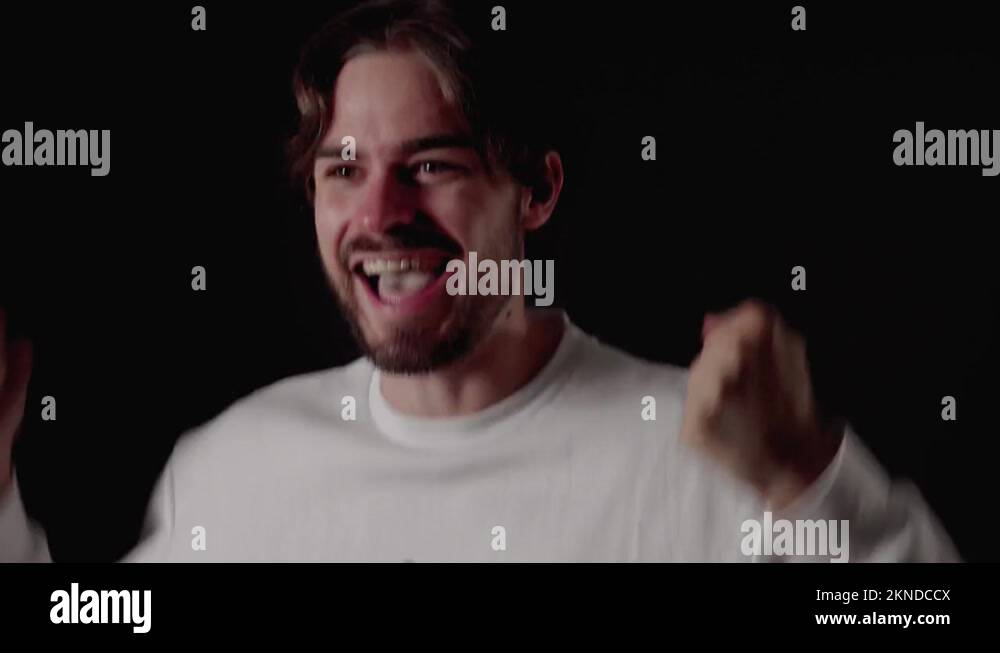 Trendy Young Man getting excited, cheerful gesture, close, black ...