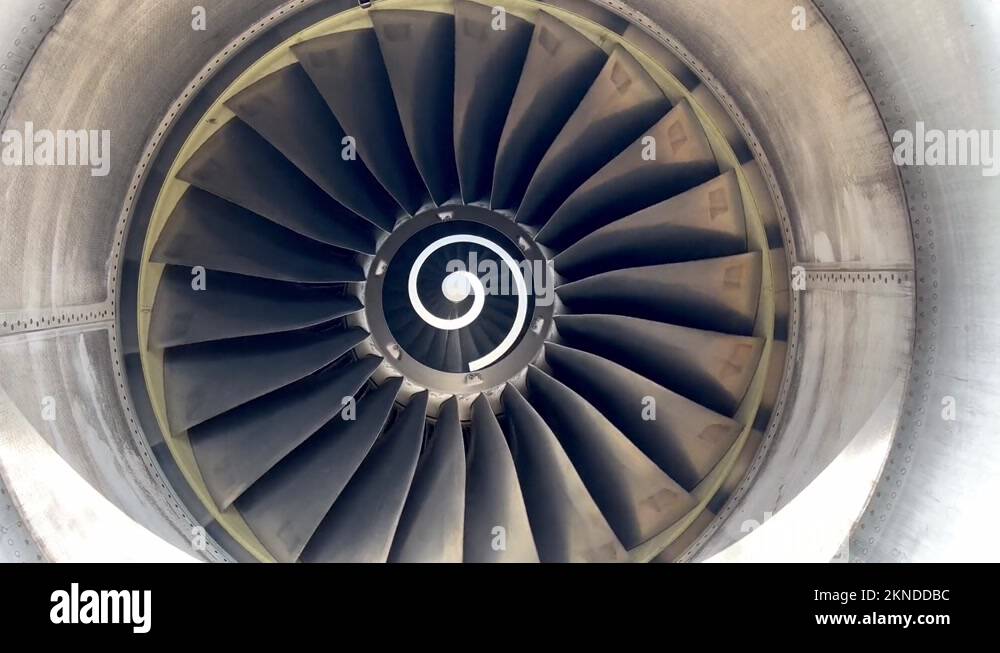The rotation of airplane engine. Front view of aircraft engine turning ...