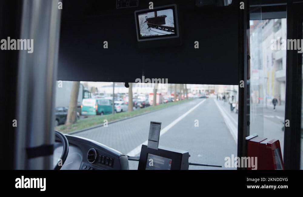 Lowering pantograph on screen inside the electric bus. Camera for the ...