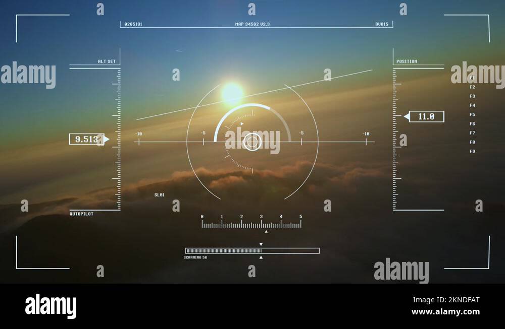 Airplane cockpit perspective HUD Flight in the middle of sea of clouds ...