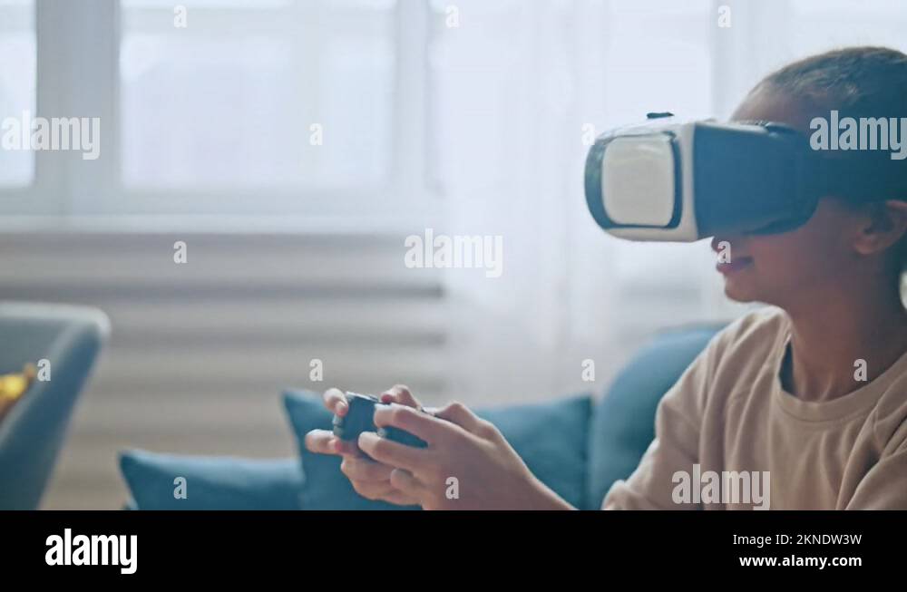 Black teen girl playing video game in vr headset, immersion in virtual ...