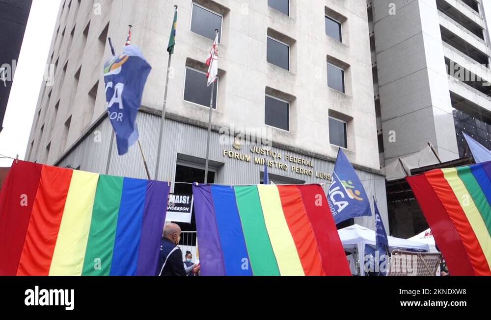 LGBT Rainbow Flags and People in Front of Federal Justice Building on ...