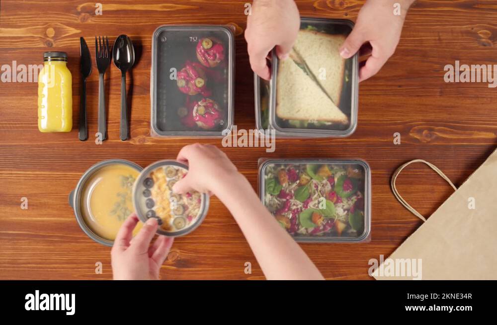 Food delivery top view, packaging take away meals in disposable ...