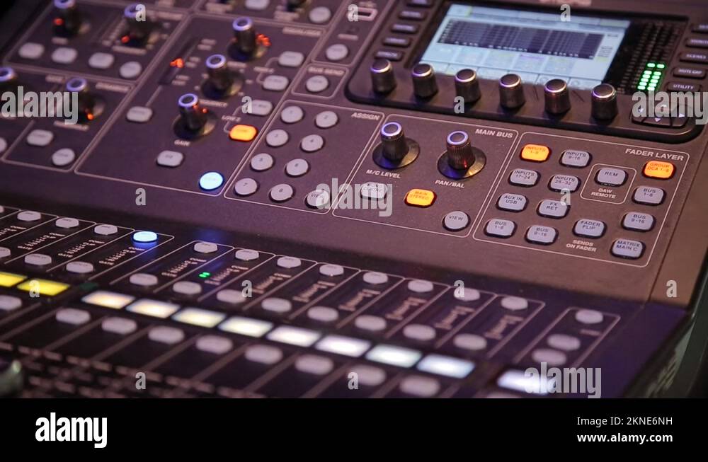 Music box. Mixing console Big Audio. Part of the audio mixer with ...