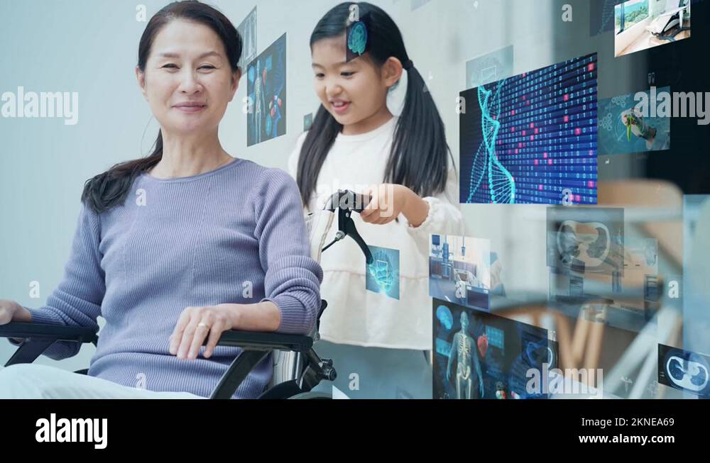 Medical technology concept. Grandma in a wheelchair and her ...