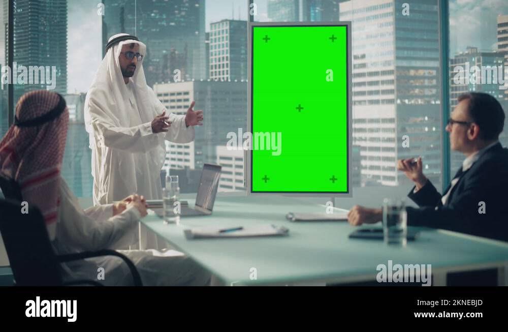 Saudi Emirati Arab Business Manager Giving Presentation on Green Screen ...
