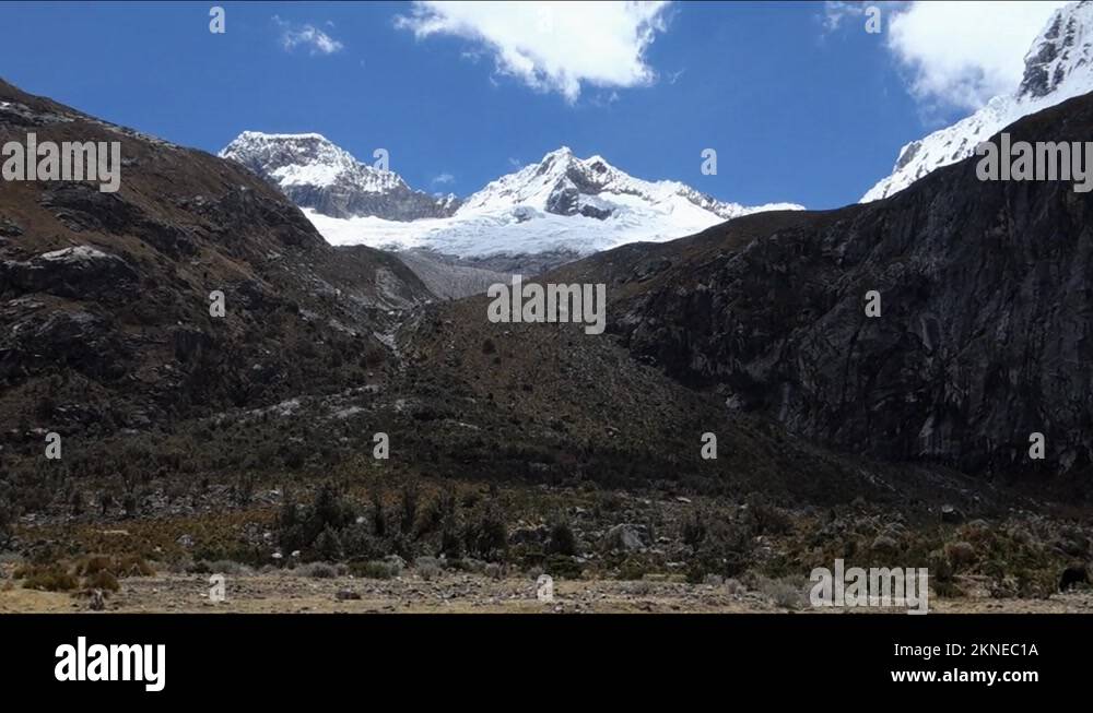 ice peak mountains on the valley of Huascaran park, in Huaraz, Peruvian ...