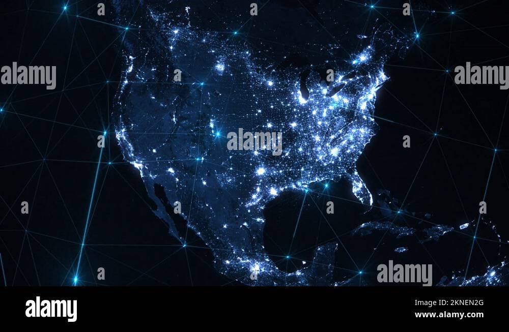 Digital Grid Over Planet Earth at Night. Global Computer Network North ...