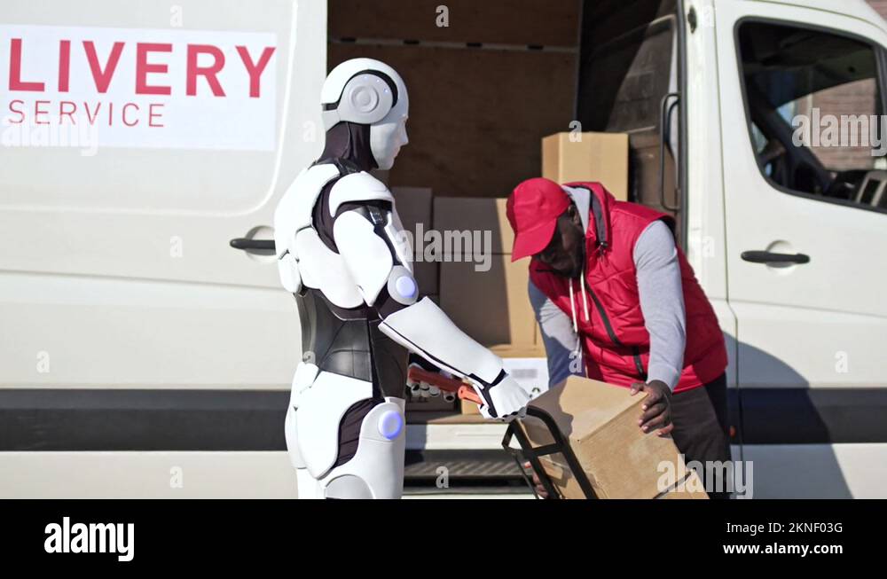 Robot brings parcel boxes on a trolley and african american delivery ...
