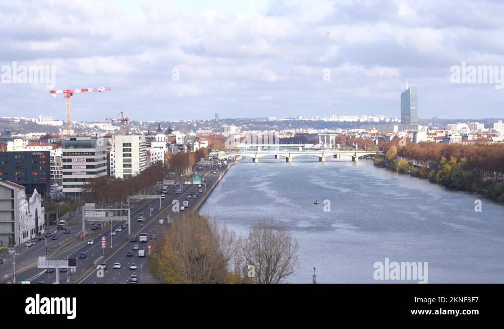 View of city and river Rhone from Musée des Confluences rooftop, Lyon ...