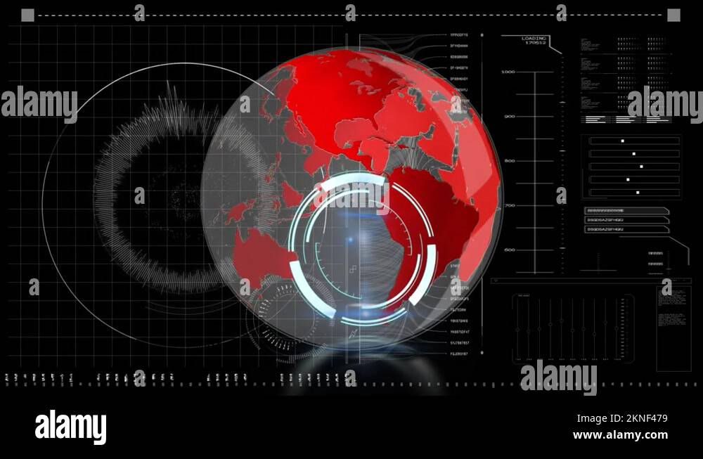 Animation Of Scope Scanning Over Globe And Data Processing On Screen
