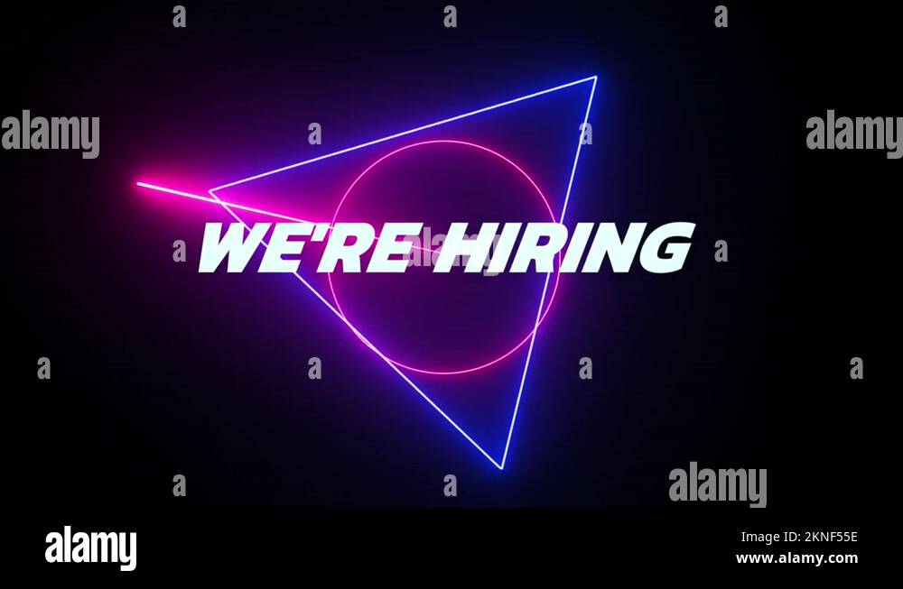 Animation of we're hiring text in white over rotating colourful neon ...