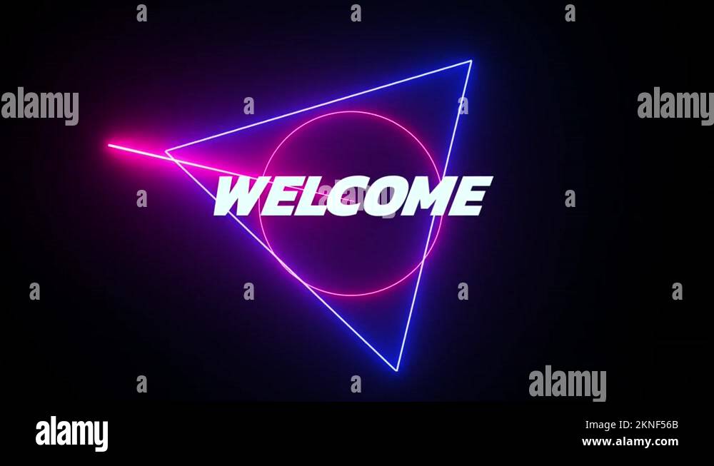 Animation of welcome text in white with colourful rotating neon shapes ...