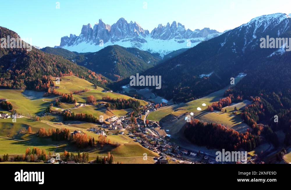 Beautiful village of St. Magdalena at the Puez Geissler Natural Park in ...