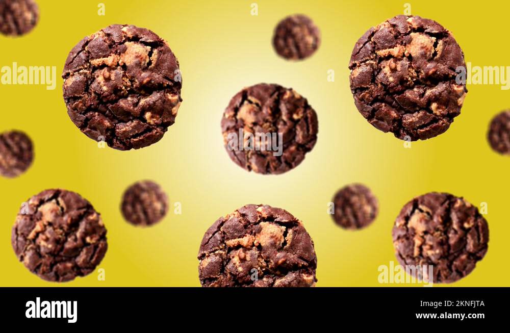 Flying Cookies move to the center on yellow background in 4K UHD ...