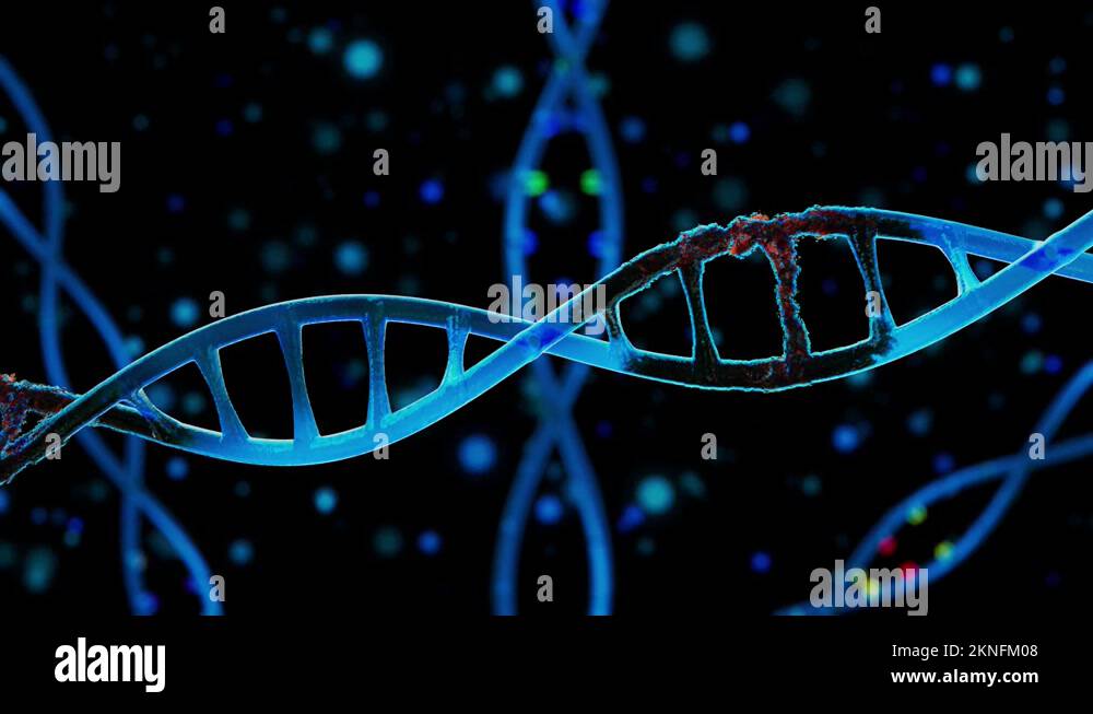 DNA Strand Disintegration in millions of red particles on blue dark ...