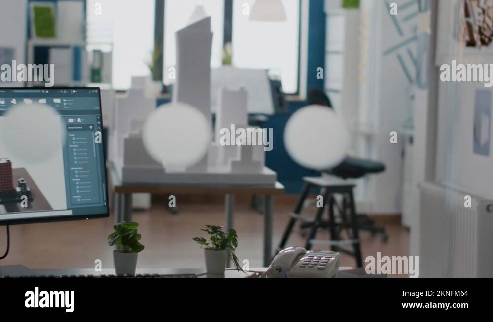 Empty architectural workplace with building model and 3d construction ...