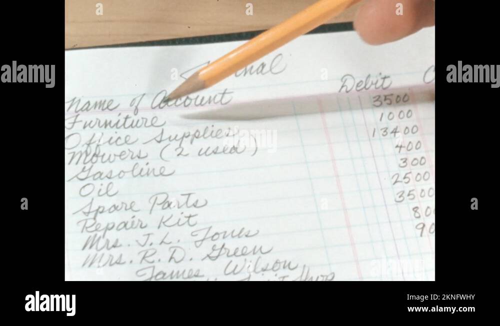 1960s: Hand flips through double entry ledger book. Journal entry with ...