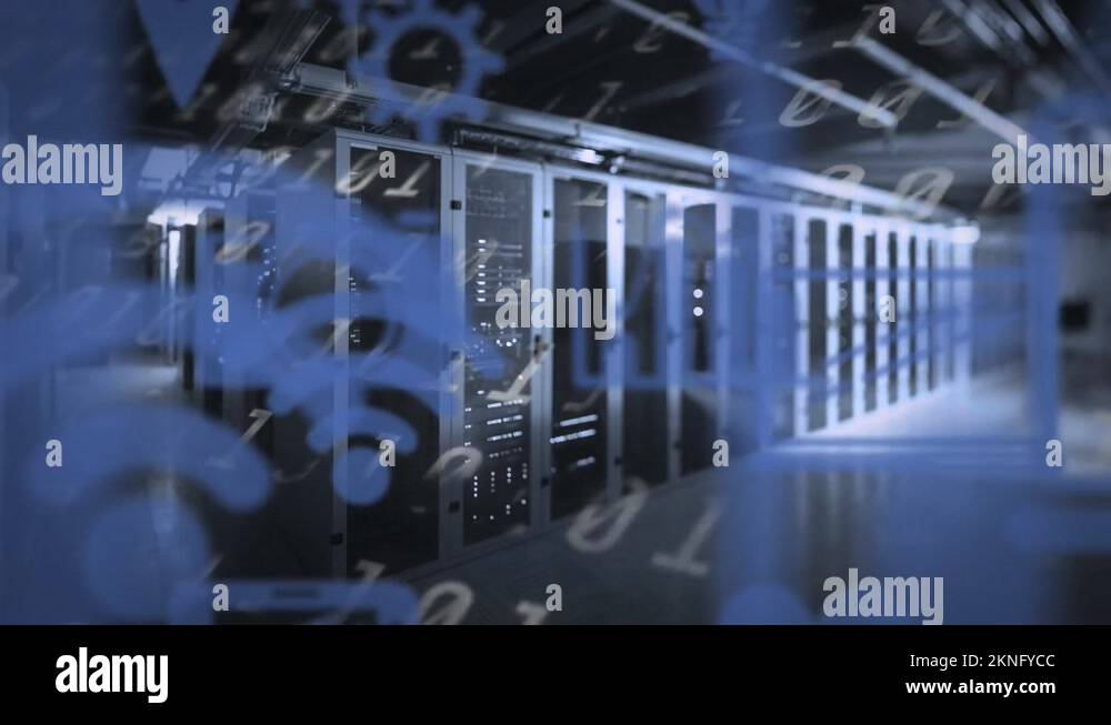 Animation of binary coding and media icons over server room Stock Video Footage - Alamy