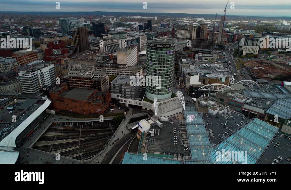Right to left aerial panning view of Birmingham CIty Centre and the ...