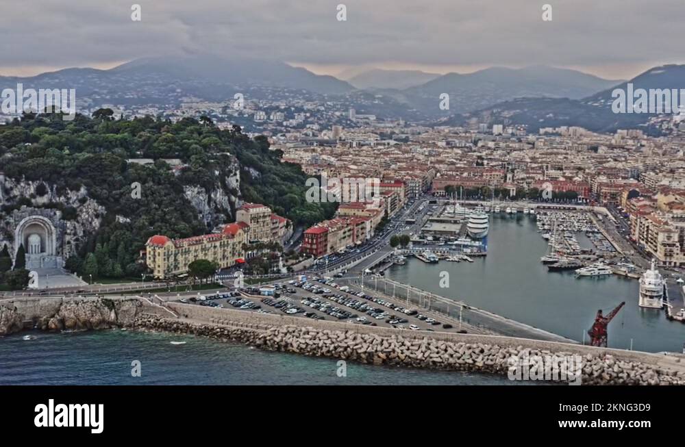 Nice France Aerial v2 panoramic pan shot capturing monument of the dead ...