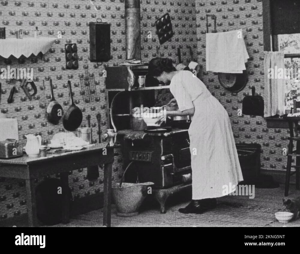1920s - Rural farm woman cooks on cast iron stove Stock Video Footage ...