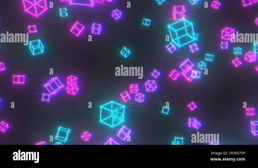 Retro 80s Glitchy Neon Wireframe 3D Cubes Flying in Cyberpunk Future ...