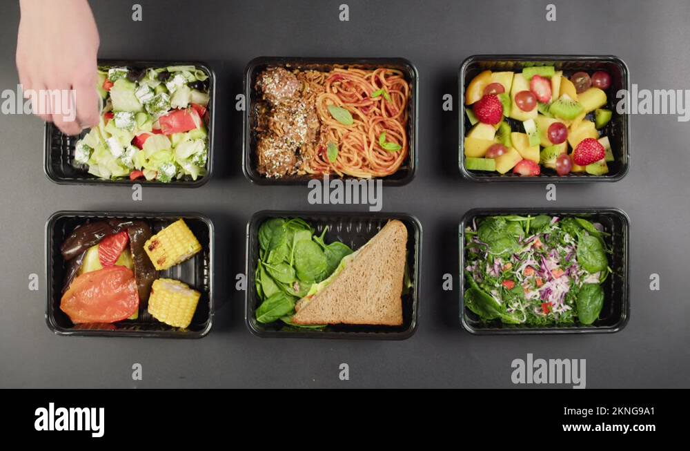 Take away meals top view, Food delivery in disposable containers ...