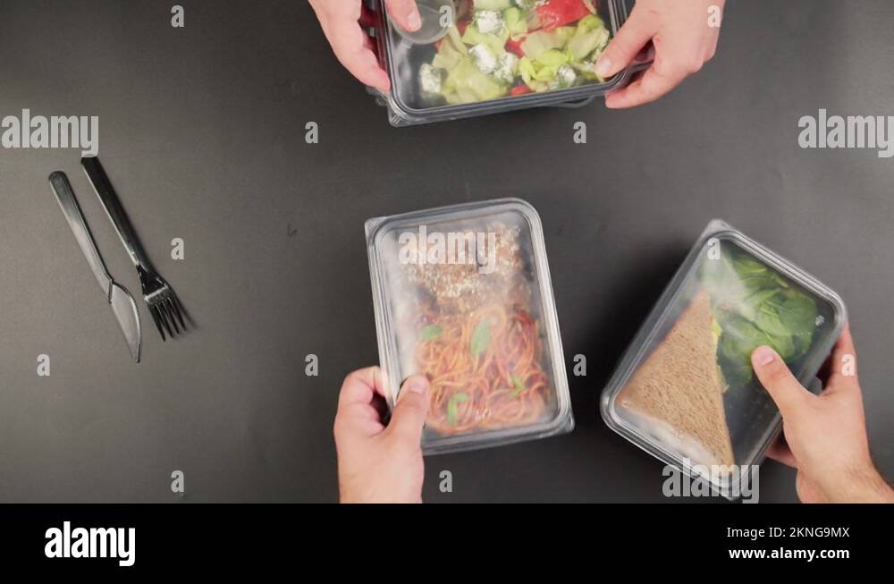 Take away meals top view, Food delivery in closed disposable containers ...