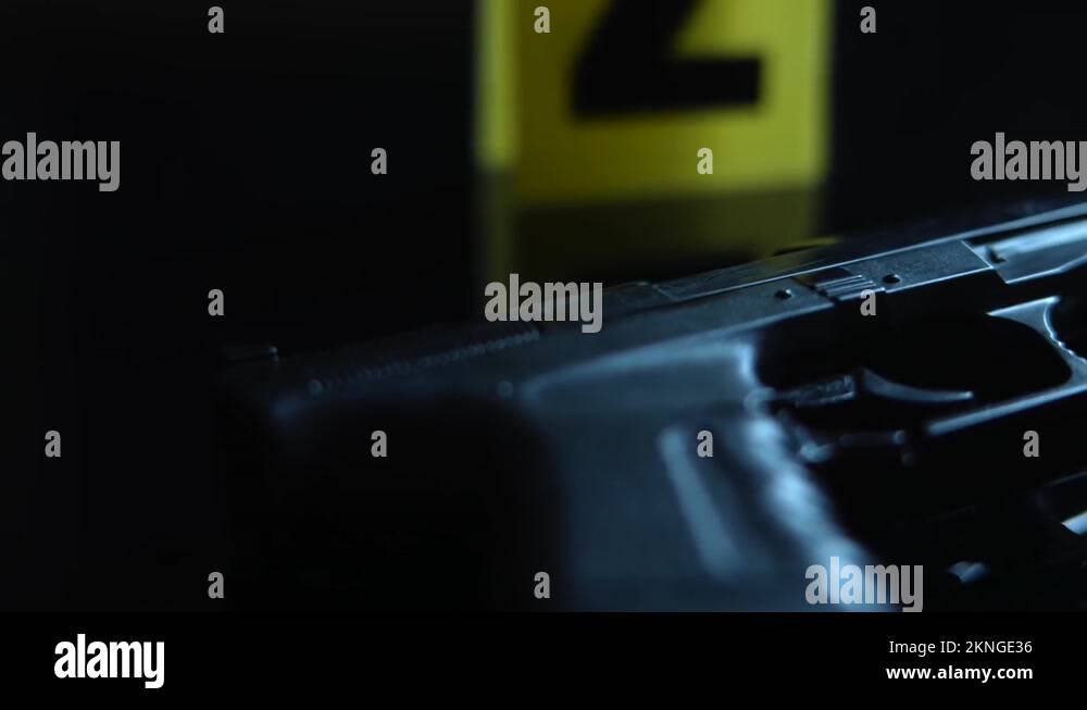 Gun At Crime Scene, Murder Weapon With Evidence Markers, CSI Stock ...
