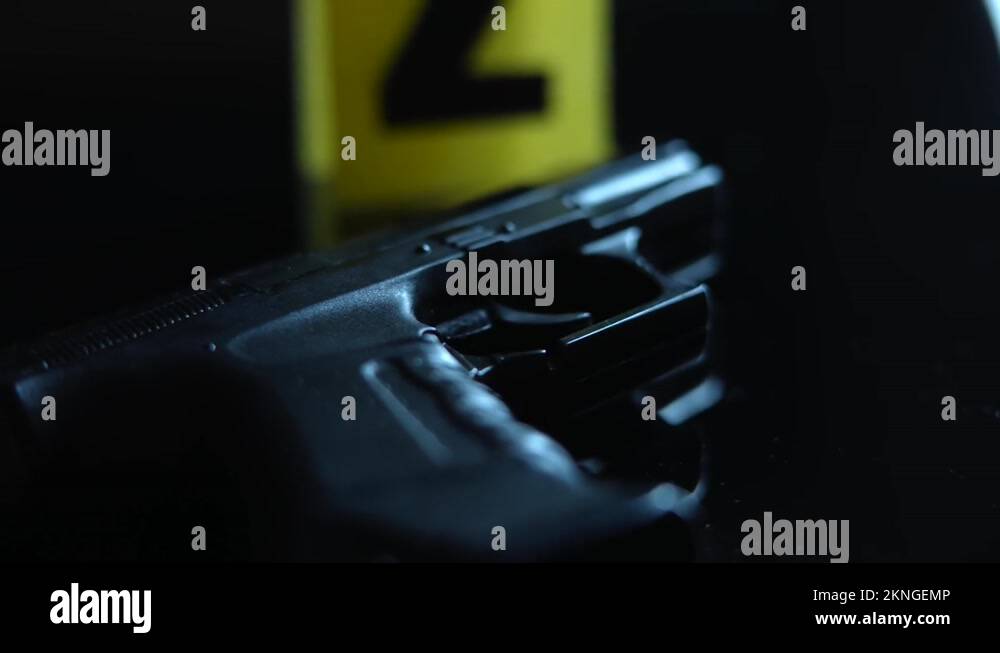 Gun At Crime Scene, Murder Weapon With Evidence Markers, CSI Stock ...