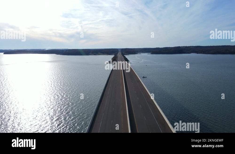 Drone flyover of bridge leading into Paris Landing State Park in Paris ...