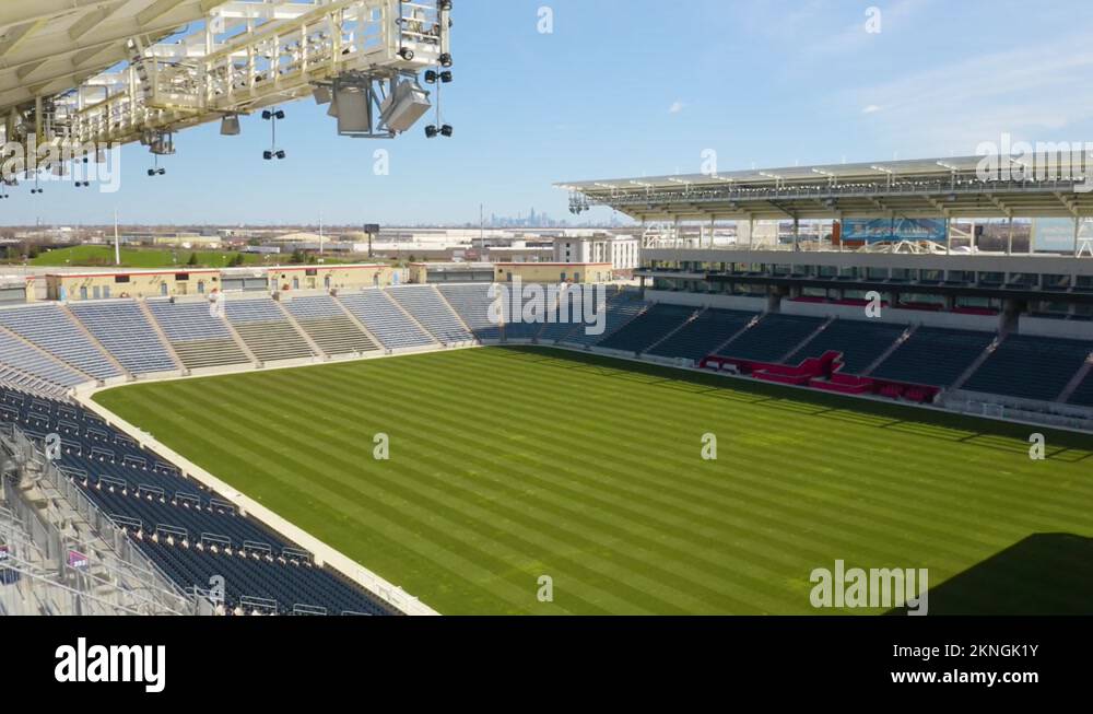 SeatGeek Stadium, Low Aerial Establishing Shot. Skyline in Background ...