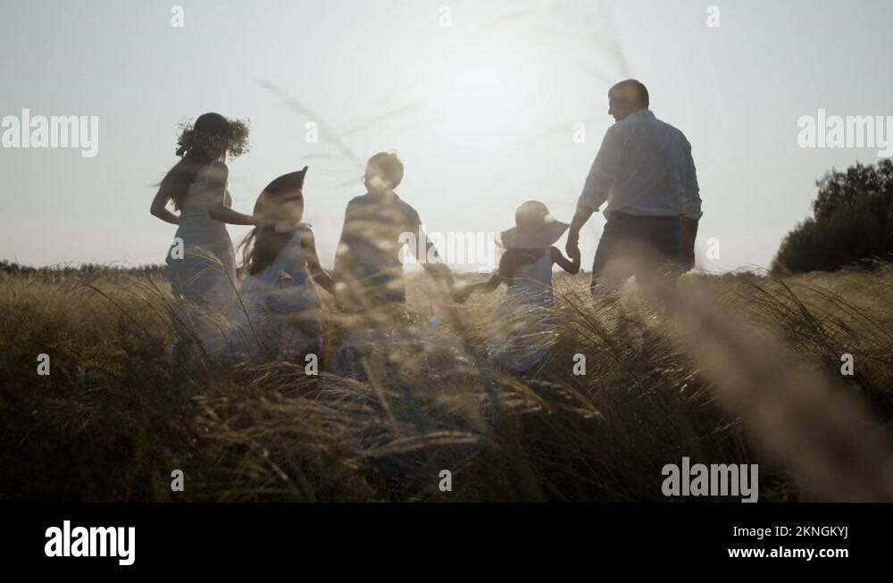 Rear view of large happy family walking across field holding hands ...