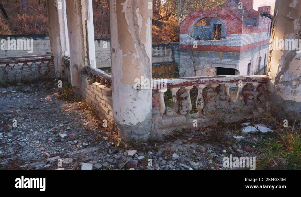 Video footage of old and destroyed columns and balusters in an ...