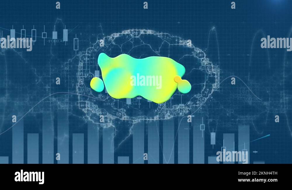 Animation of yellow and blue stain over digital brain and graph Stock ...