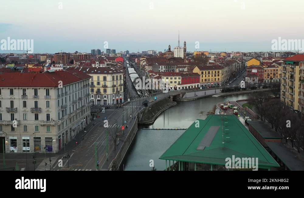 Drone footage of Milano Darsena area and its water channels at the ...