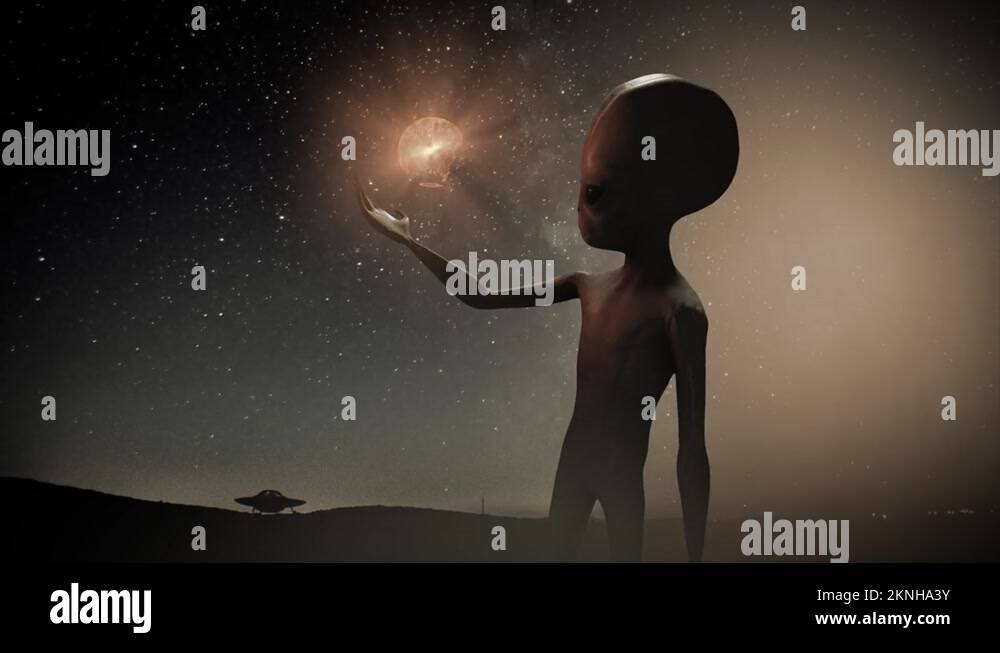 3D CGI VFX animation of classic Roswell grey alien in a misty night ...