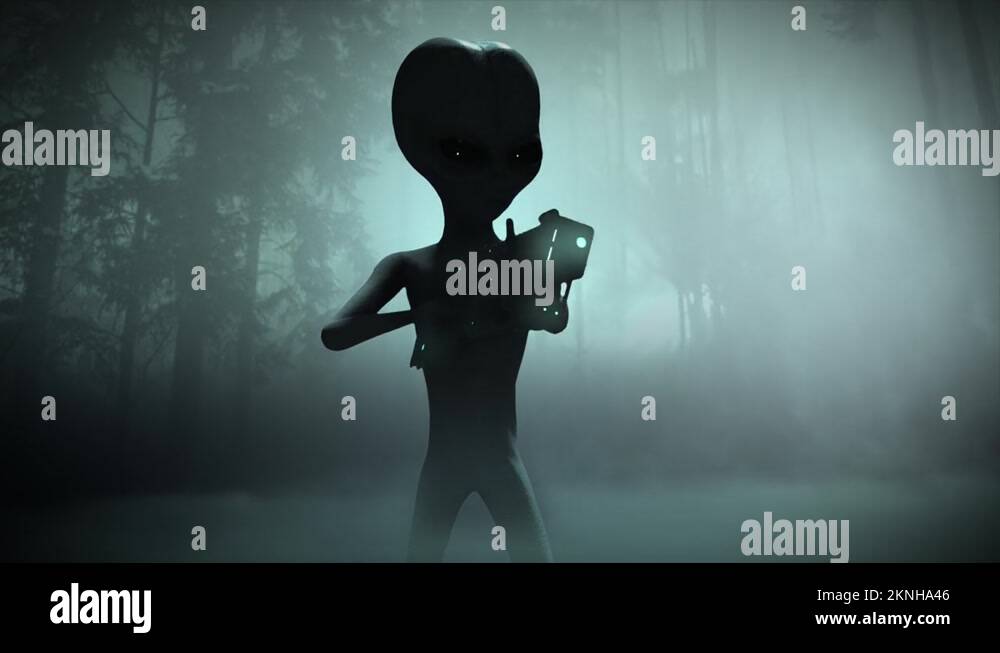 3D CGI VFX animation of a classic Roswell style grey alien in a dark ...