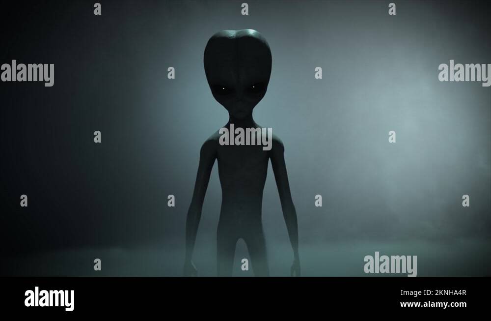 3D CGI VFX animation of classic Roswell grey alien on a featureless ...