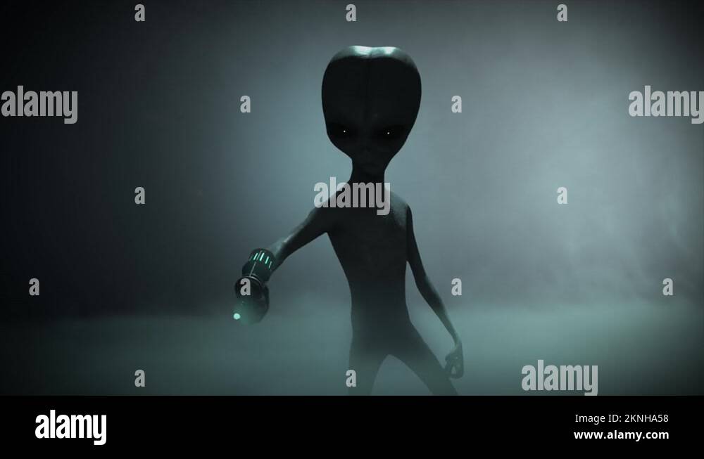 3D CGI VFX animation of classic Roswell grey alien on a featureless ...
