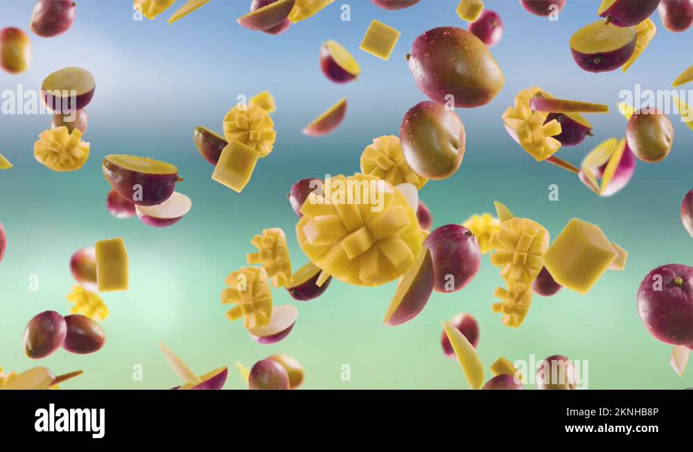 Mango with Slices Falling on Beach Background Stock Video Footage - Alamy