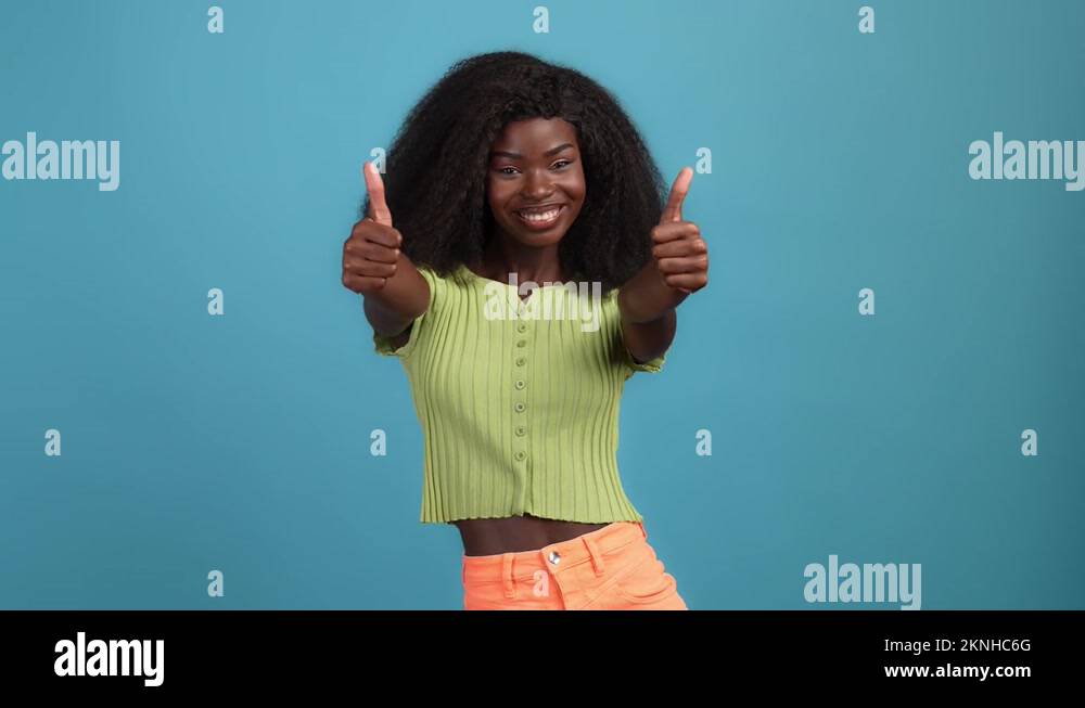 Lady enjoy ads discounts show thumb up symbol isolated blue color ...