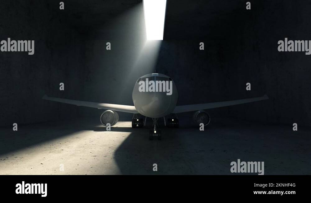 Airplane inside underground hangar with opened roof. 4K Animation Stock ...