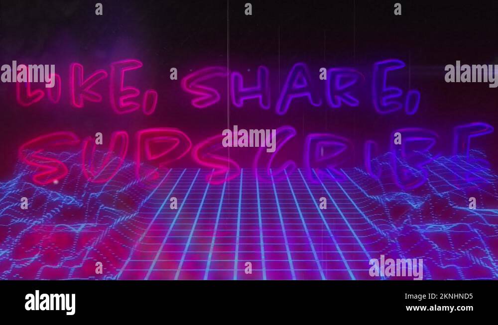 Animation of like, share, subscribe text over neon lines on black ...