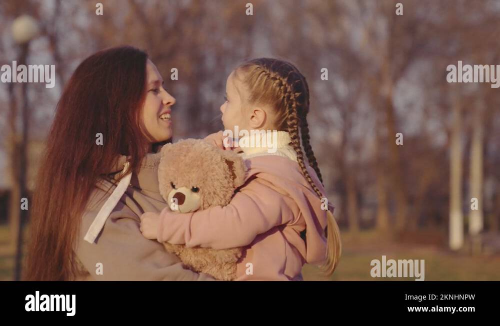child teddy bear, kid mother, little girl, hug kid, carry in her arms ...